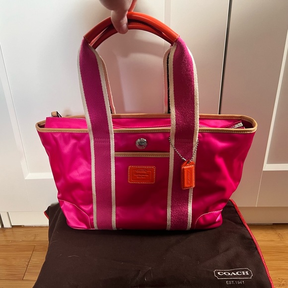 Coach | Bags | Coach Fuchsia And Orange Satin Hamptons Tote Bag Bnwt ...